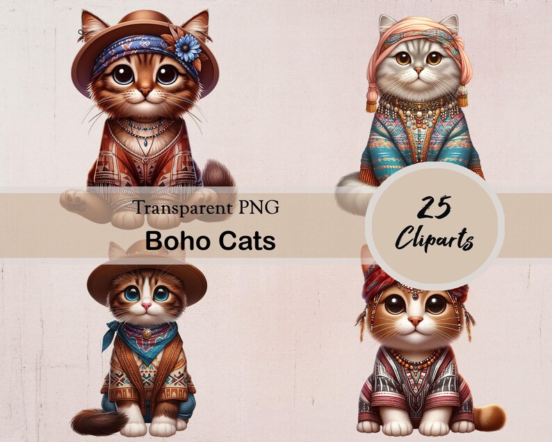 Boho Cat Clipart, 25 PNG Cliparts, Colorful Bohemian Cat Illustration ...