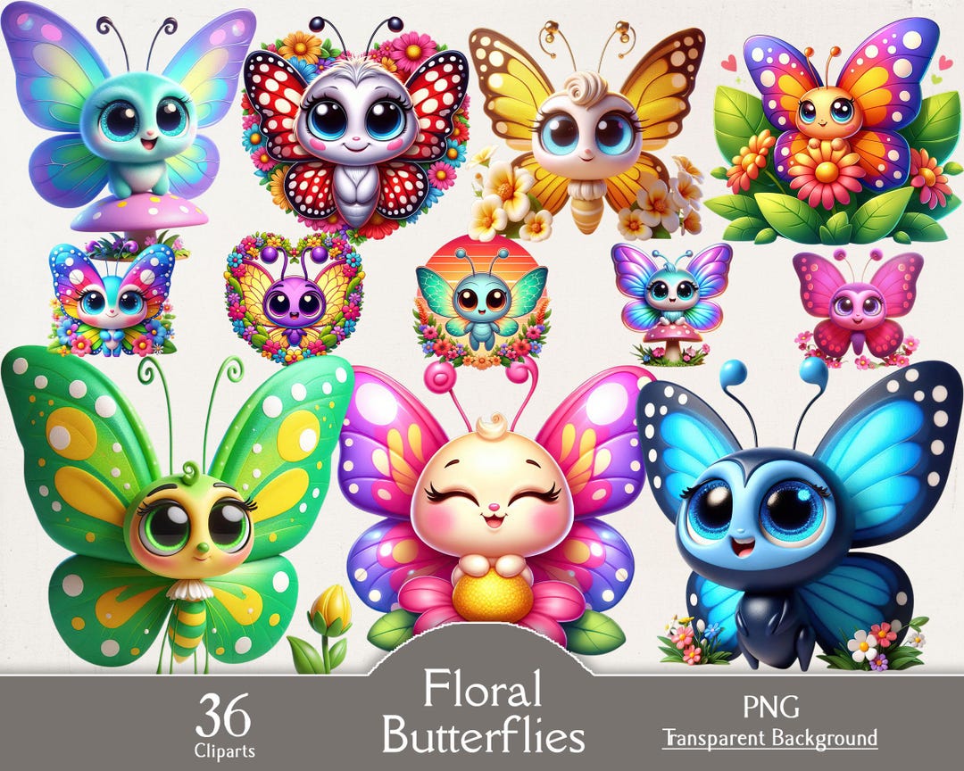 Floral Butterfly Clipart, Whimsical Butterfly, Floral Animal, 36 PNG ...