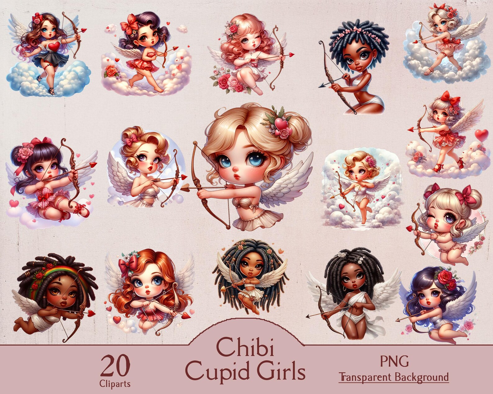 Chibi Cupid Girls, 20 Png Cliparts, Transparent, Valentine's Day, Romantic, Digital, Beautiful ...
