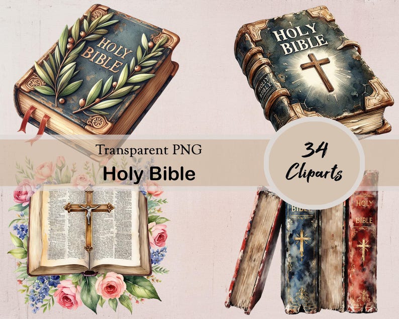 Holy Bible Clipart Bundle, Watercolor Holy Book, 34 PNG Cliparts, Faith ...