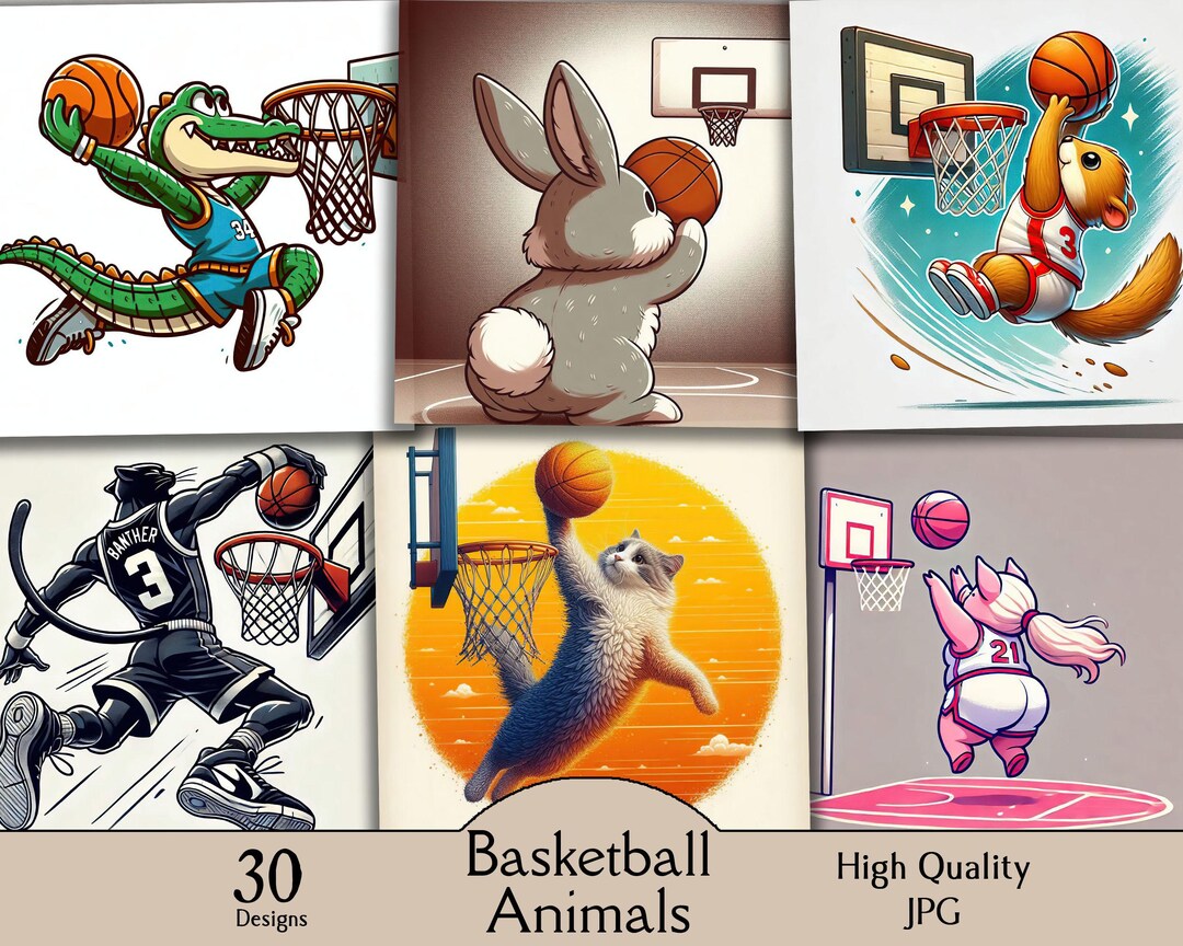 Basketball Animals, 30 JPG Images, Cartoon Basketball, Nursery, Wall ...