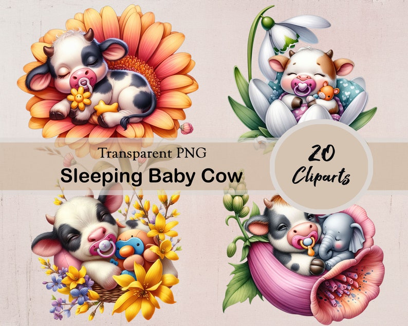 Sleeping Baby Highland Cow, Clipart, 20 PNG, Cute Cow, Clipart, Baby ...
