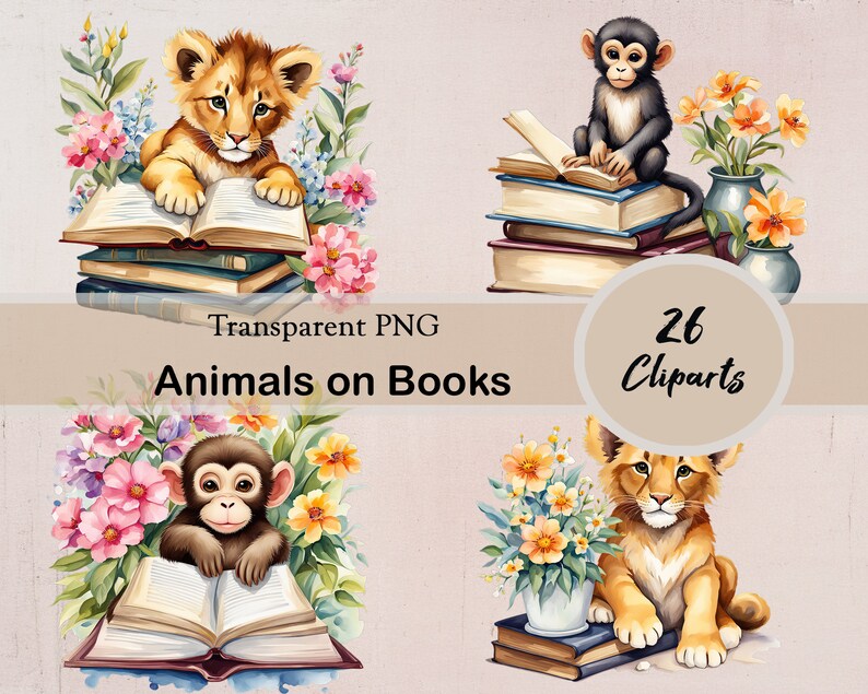 Animals on Books, 26 PNG Cliparts, Animal Books, Digital, Download ...