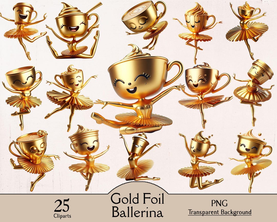Gold Foil Ballerina, 25 PNG Cliparts, Funny Ballerina Girl With Coffe ...