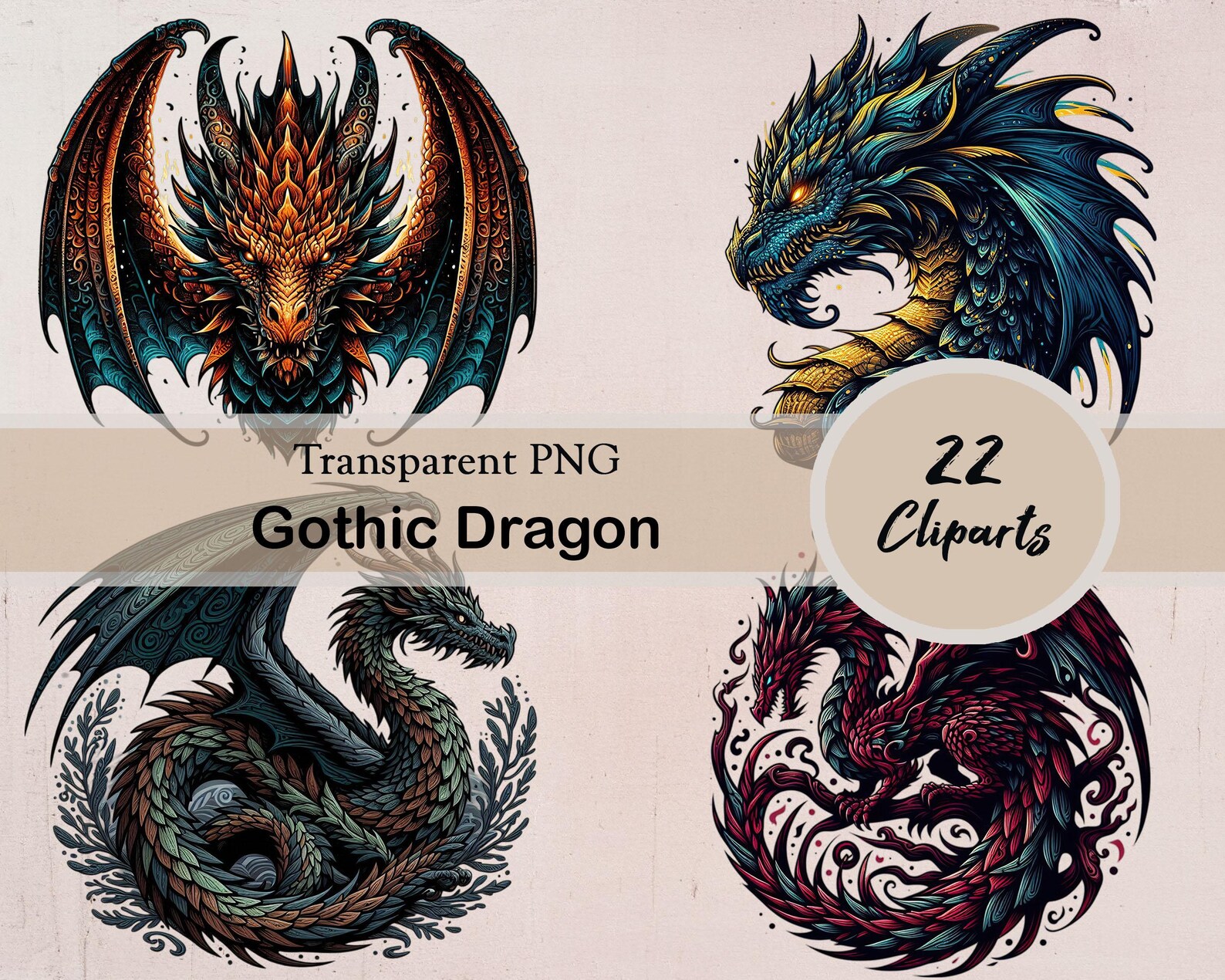Gothic Dragons, 22 PNG Cliparts, Dark Fantasy, Dragon Clipart, Digital ...