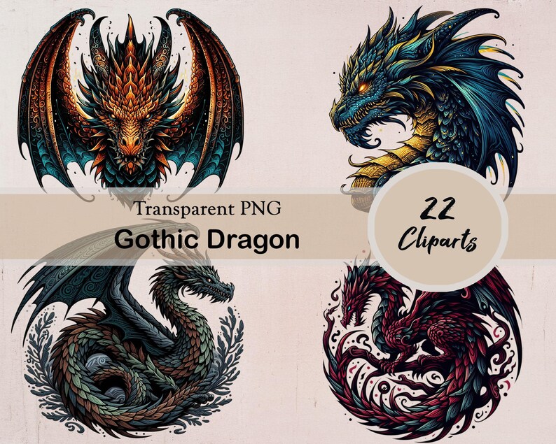 Gothic Dragons, 22 PNG Cliparts, Dark Fantasy, Dragon Clipart, Digital ...