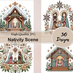 Nativity Scene, 30 JPG Images, Embroidered, Clipart, Christmas, Digital ...