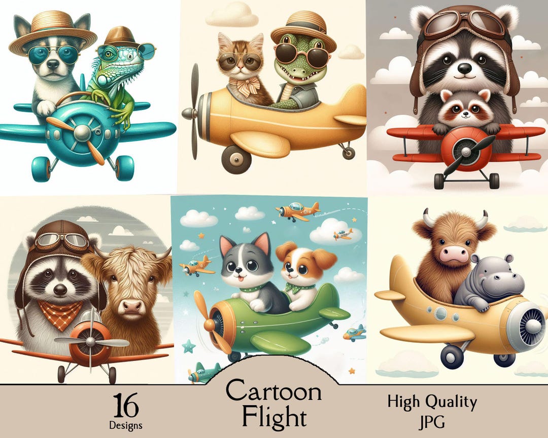 Cartoon Flight, 16 JPG Images, Clipart, Nursery, Baby Room, Baby Shower ...