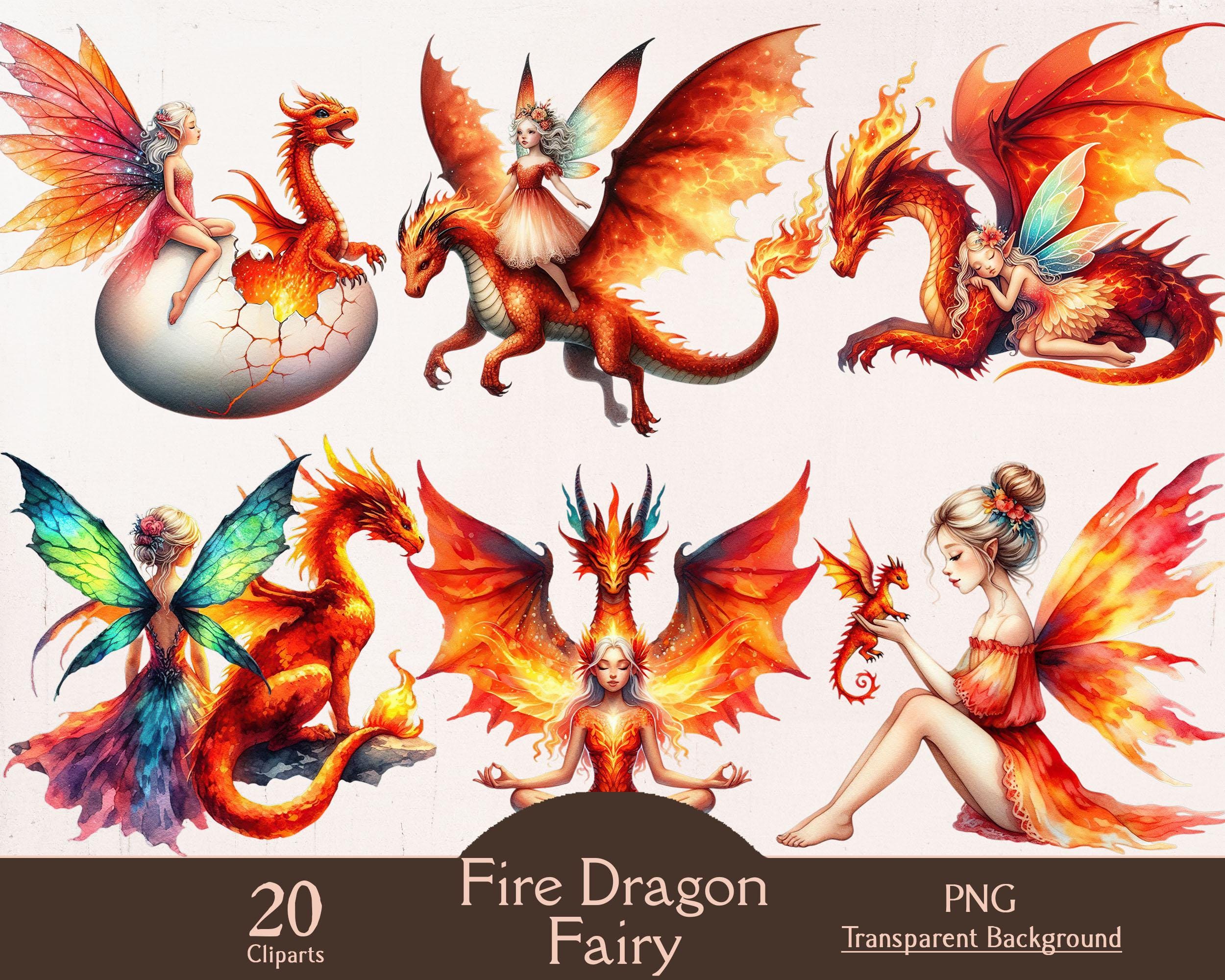 Watercolor Fire Dragon Fairy Clipart Set, Fire Themed Fairies With ...
