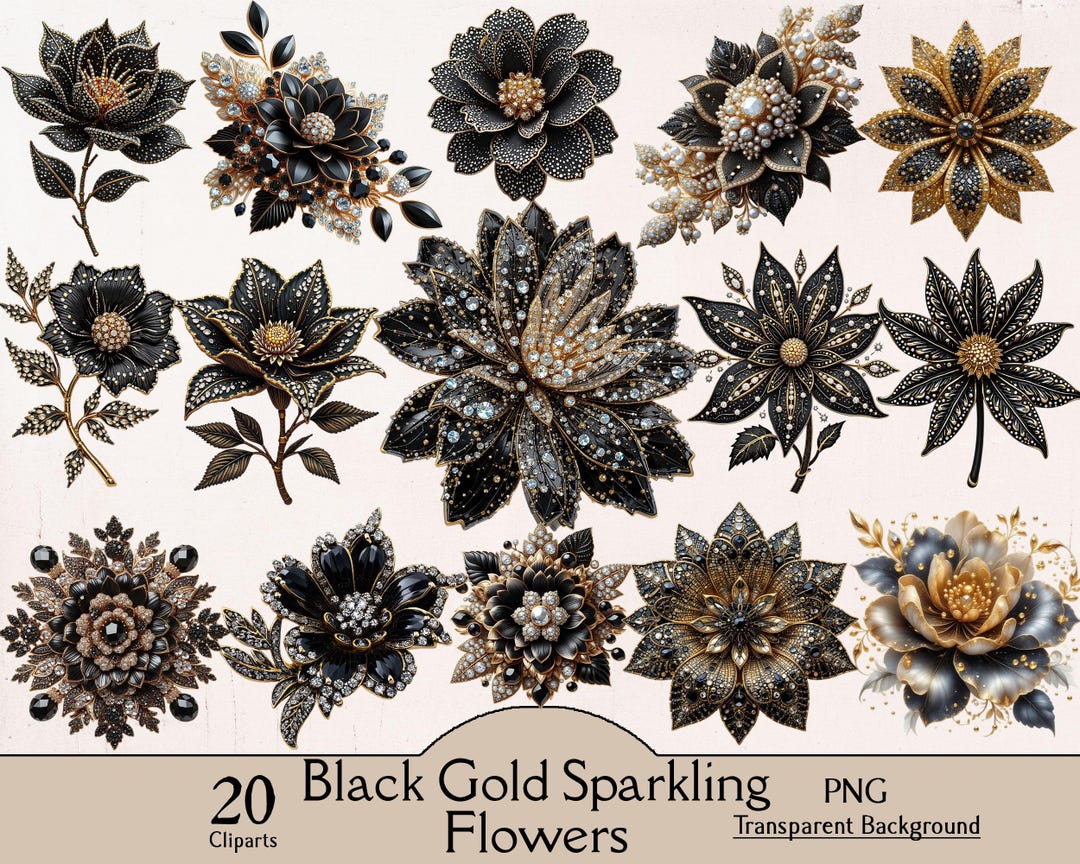 Black Gold Sparkling Flower Clipart, Glitter Flower, 20 PNG Cliparts ...