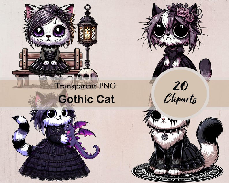 Gothic Cat, 20 PNG Cliparts, Whimsical Cat, Fantasy, Magic, Digital ...