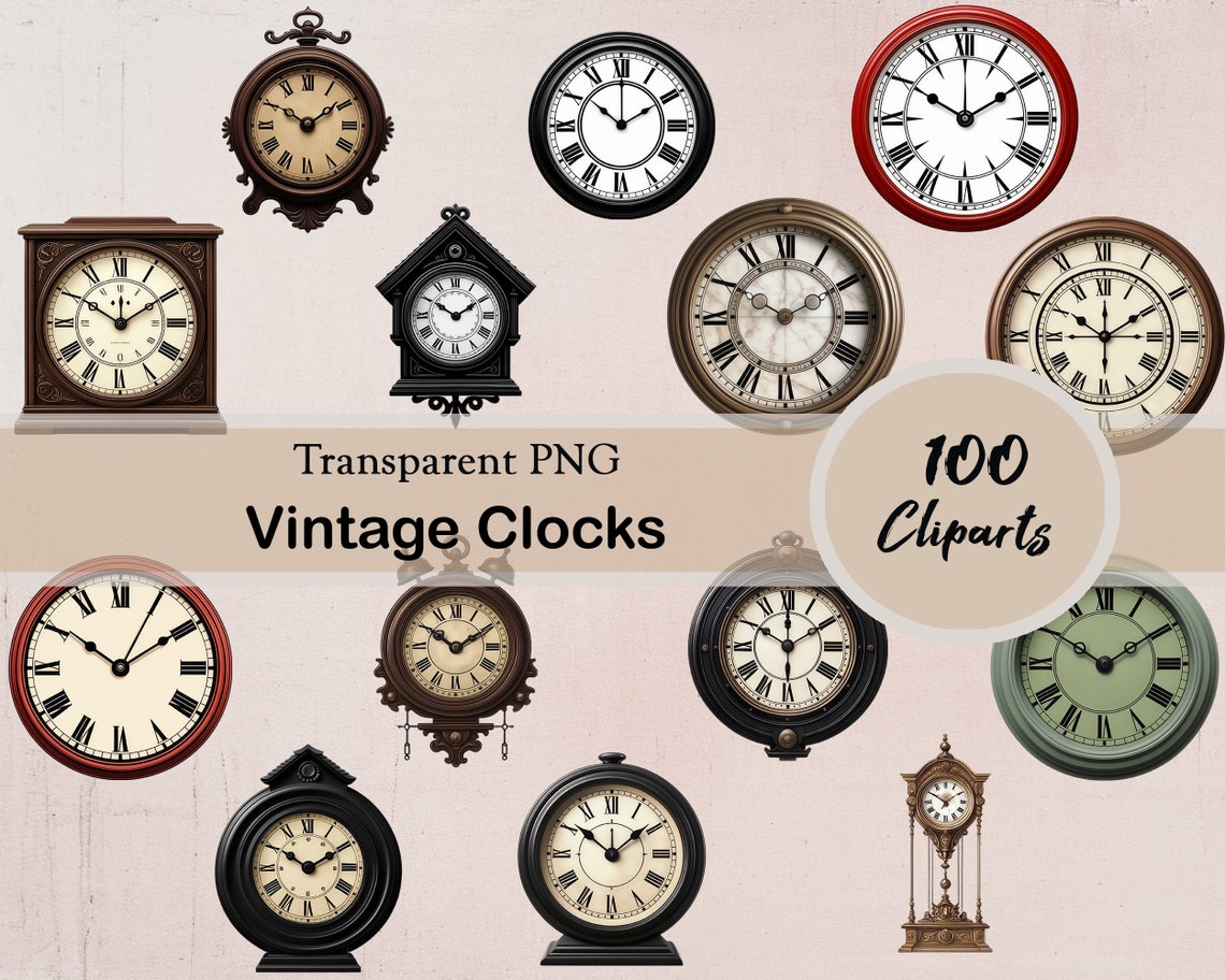 Vintage Clocks, 100 PNG Cliparts, Wall Clocks, Clocks, Retro, Old ...