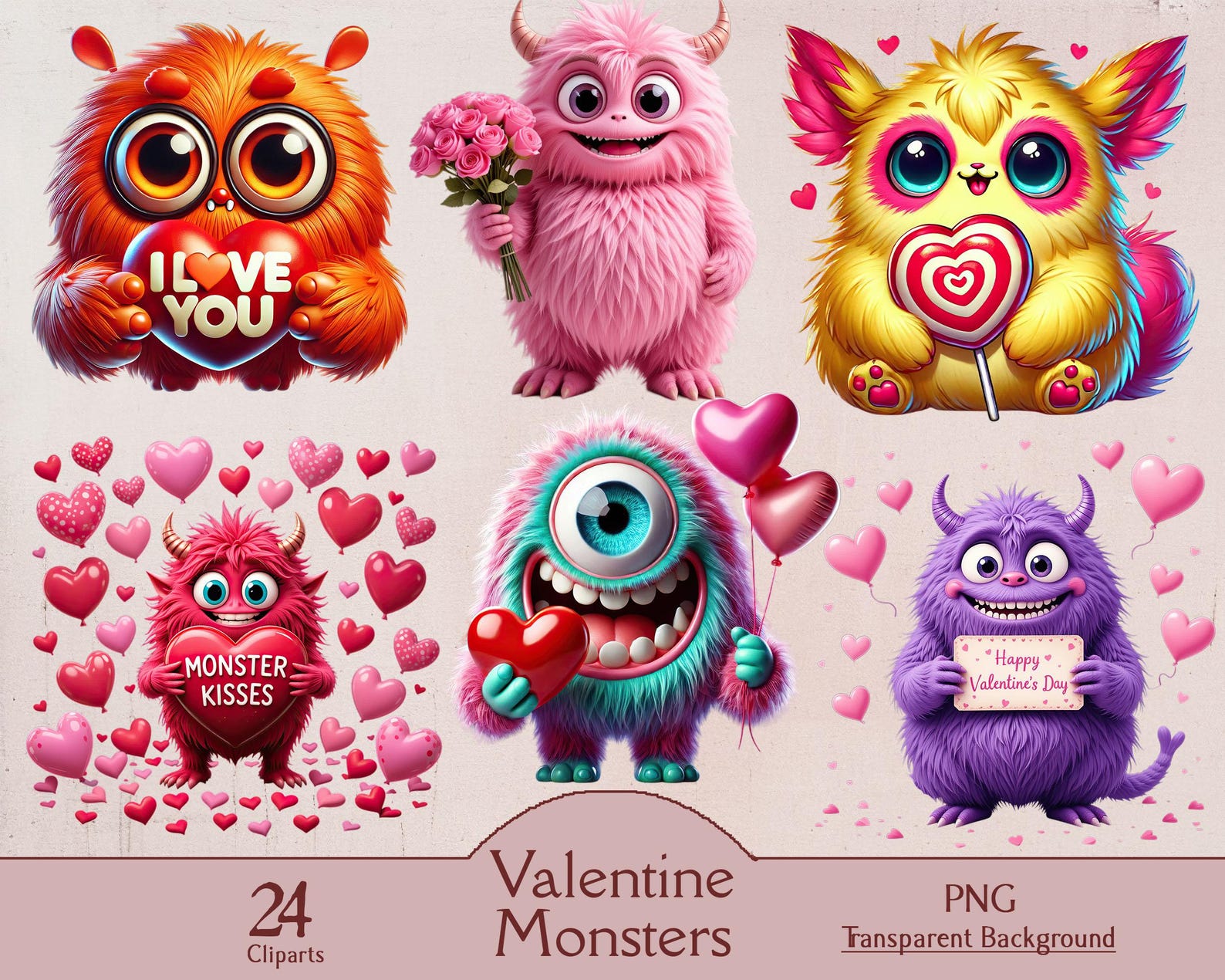 Cute Valentine Monsters, 24 PNG Cliparts, Cartoon Monsters, Watercolor ...