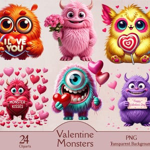 Cute Valentine Monsters, 24 PNG Cliparts, Cartoon Monsters, Watercolor ...