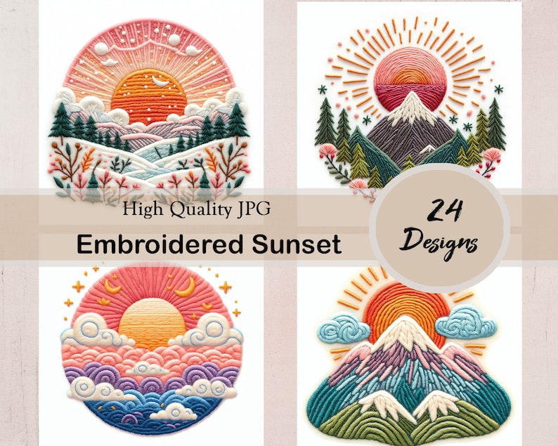 Embroidered Sunset, 24 JPG Images, Embroidery, Sunset, Landscape ...