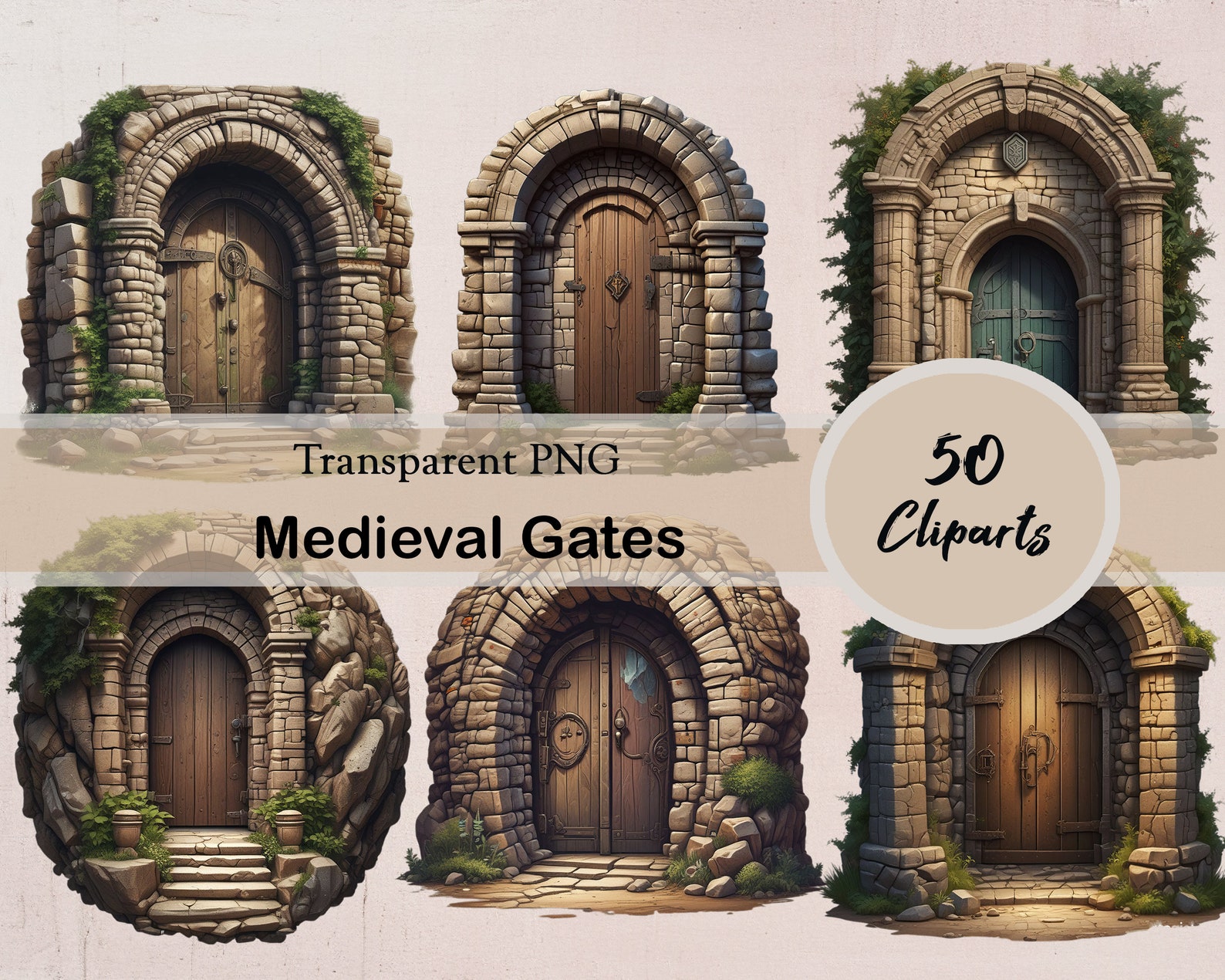 Medieval Gates, 50 PNG Cliparts, Fantasy Wooden Doors, Dungeon Entrance ...