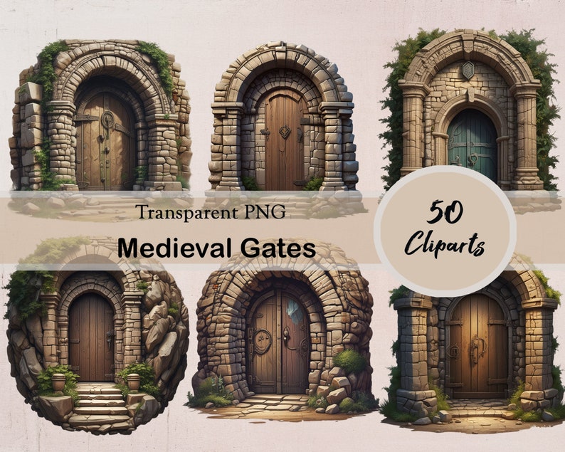 Medieval Gates, 50 PNG Cliparts, Fantasy Wooden Doors, Dungeon Entrance ...
