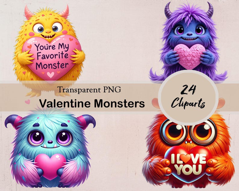 Cute Valentine Monsters, 24 PNG Cliparts, Cartoon Monsters, Watercolor ...