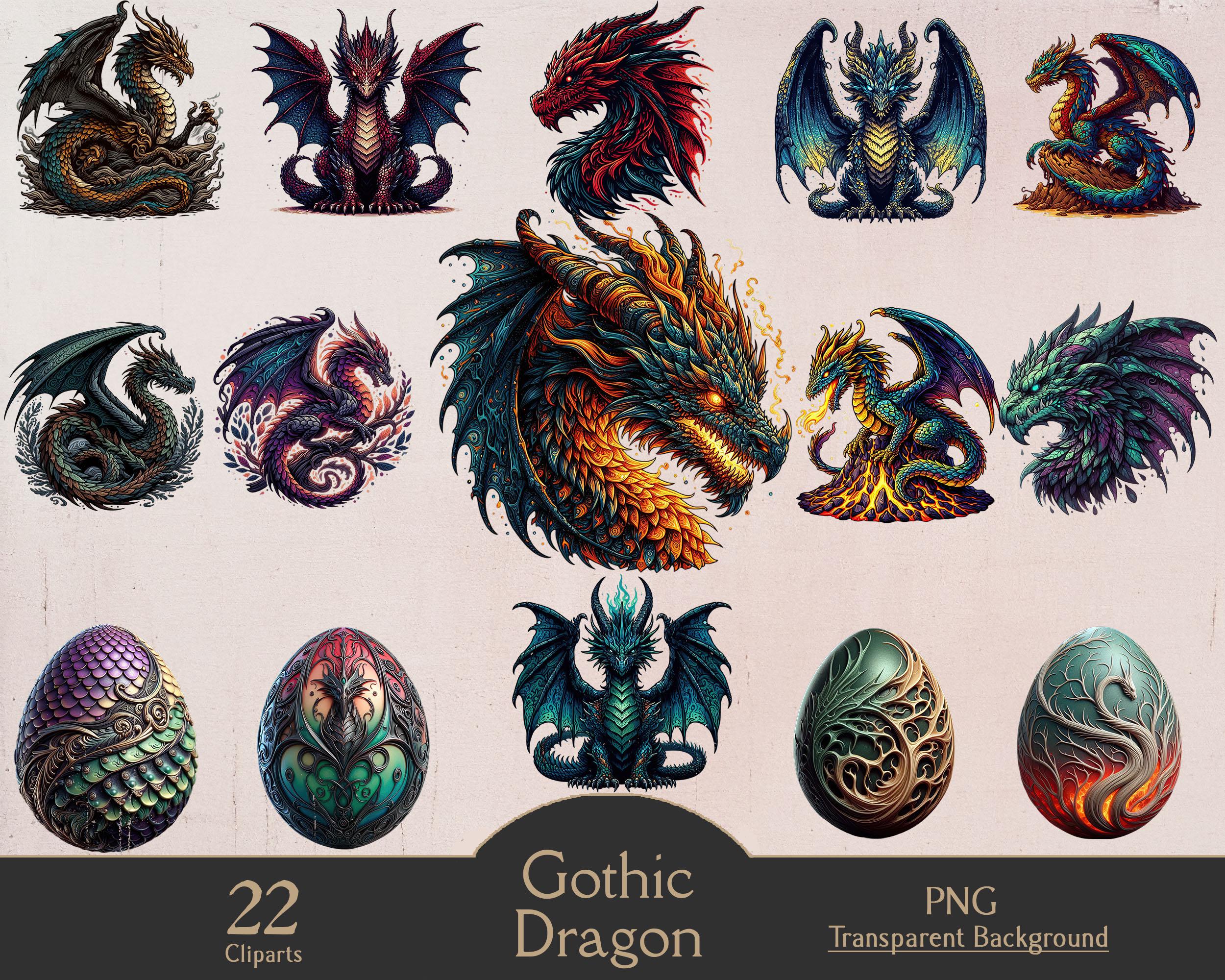 Gothic Dragons, 22 PNG Cliparts, Dark Fantasy, Dragon Clipart, Digital ...
