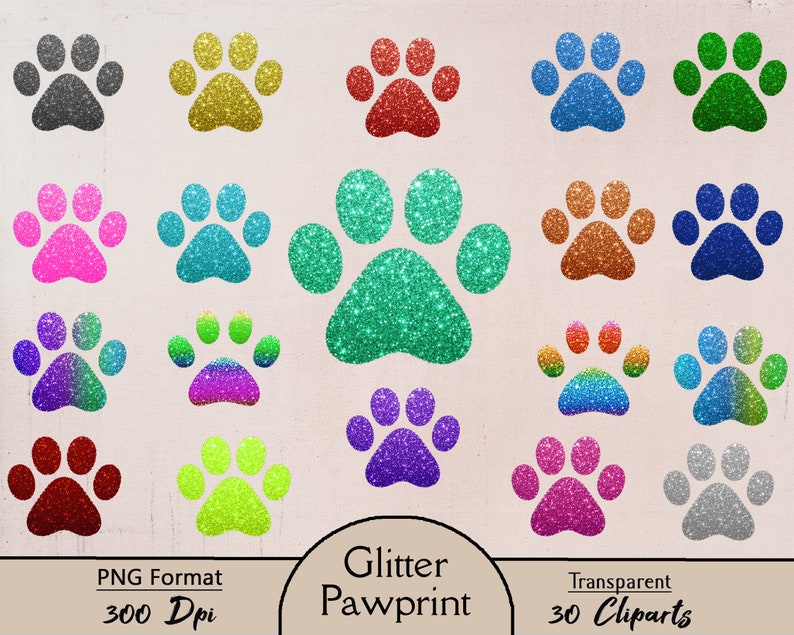 Glitter Pawprint, 30 PNG Cliparts, Glitter, Dog Paws, Clipart ...
