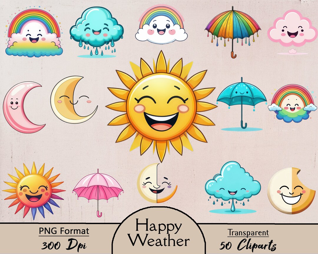 Watercolor Happy Weather Clipart, Happy Sun Clipart, Happy Cloud ...