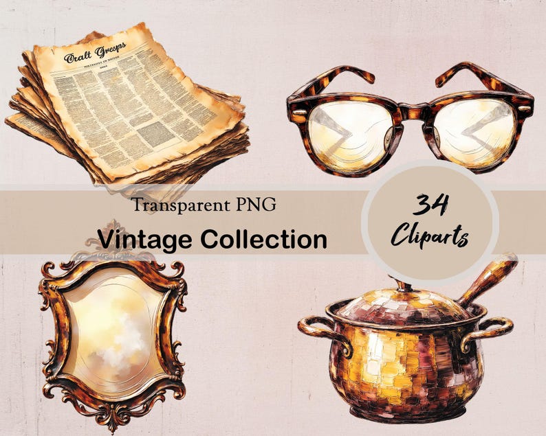Vintage Collection Clipart, 34 PNG Cliparts, Old Things, Vintage ...