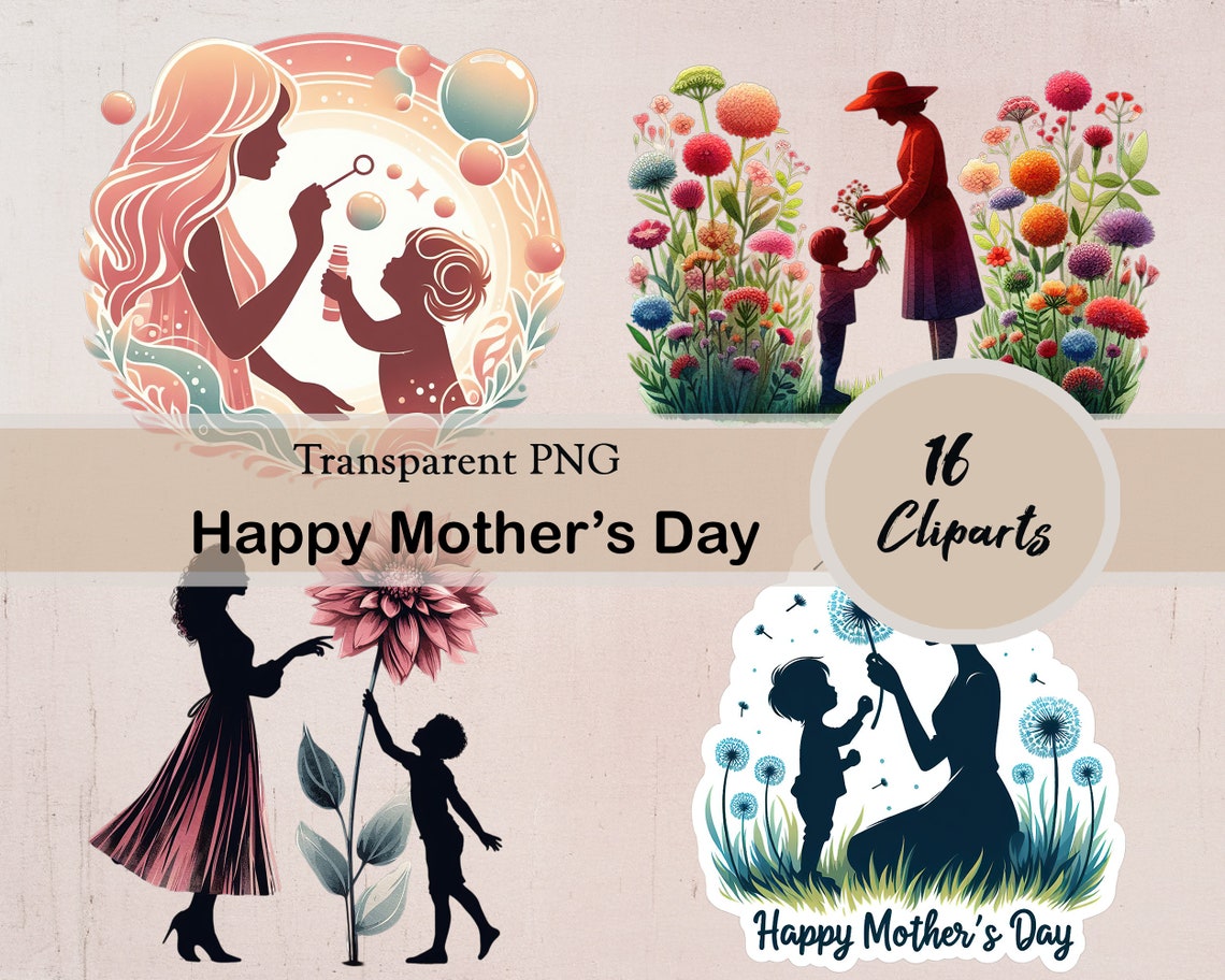 Happy Mother's Day, 16 PNG Cliparts, Watercolor, Mother’s Day, Clipart ...