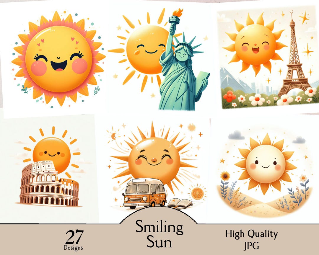 Smiling Sun, 27 JPG Images, Clipart, Digital Crafting, Printable, Happy ...