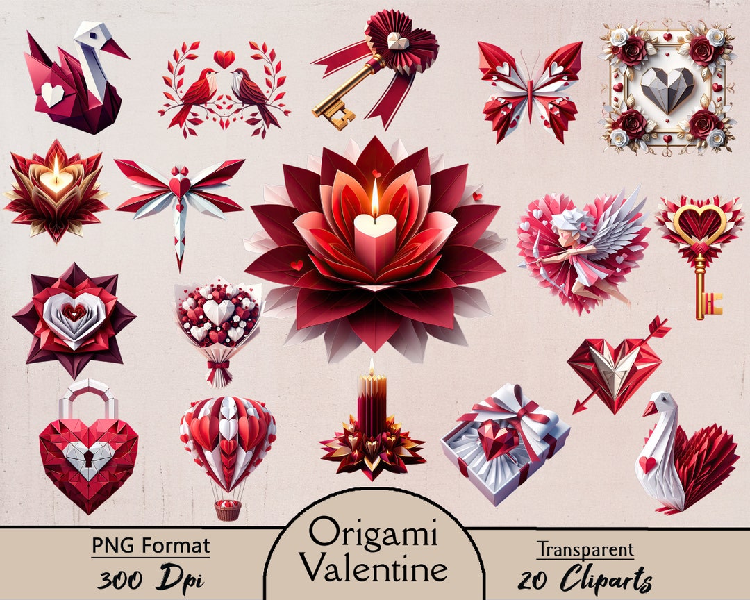 Origami Valentine Cliparts, 20 PNG , Paper Craft, Love, Hearts, Cupid ...