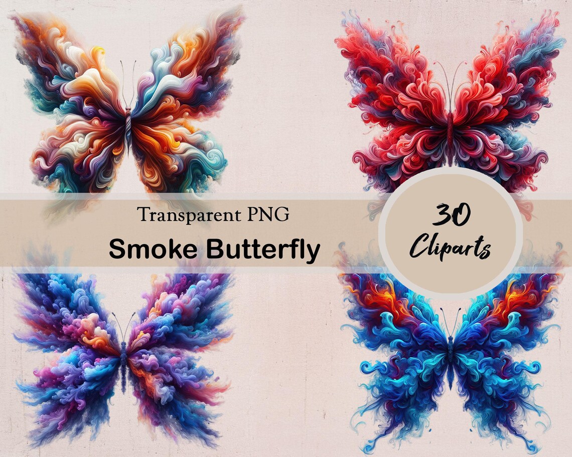 Smoke Butterfly Clipart, 30 PNG Cliparts, Ethereal Smoke Butterfly ...