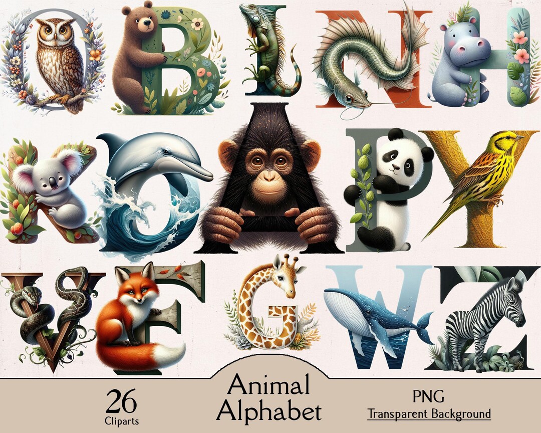 Animal Alphabet, 26 PNG Cliparts With Transparent Background, Cute ...
