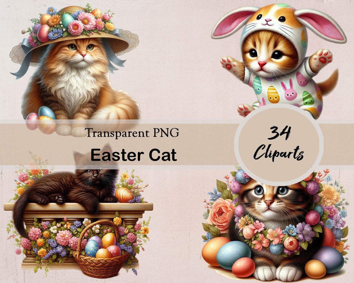 Easter Cat, 34 PNG Cliparts, Easter Bundle, Easter Clipart, Watercolor ...