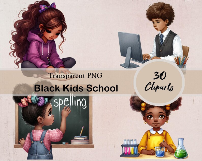 Black Kids School Activities Clipart Bundle, 30 PNG Cliparts, African ...