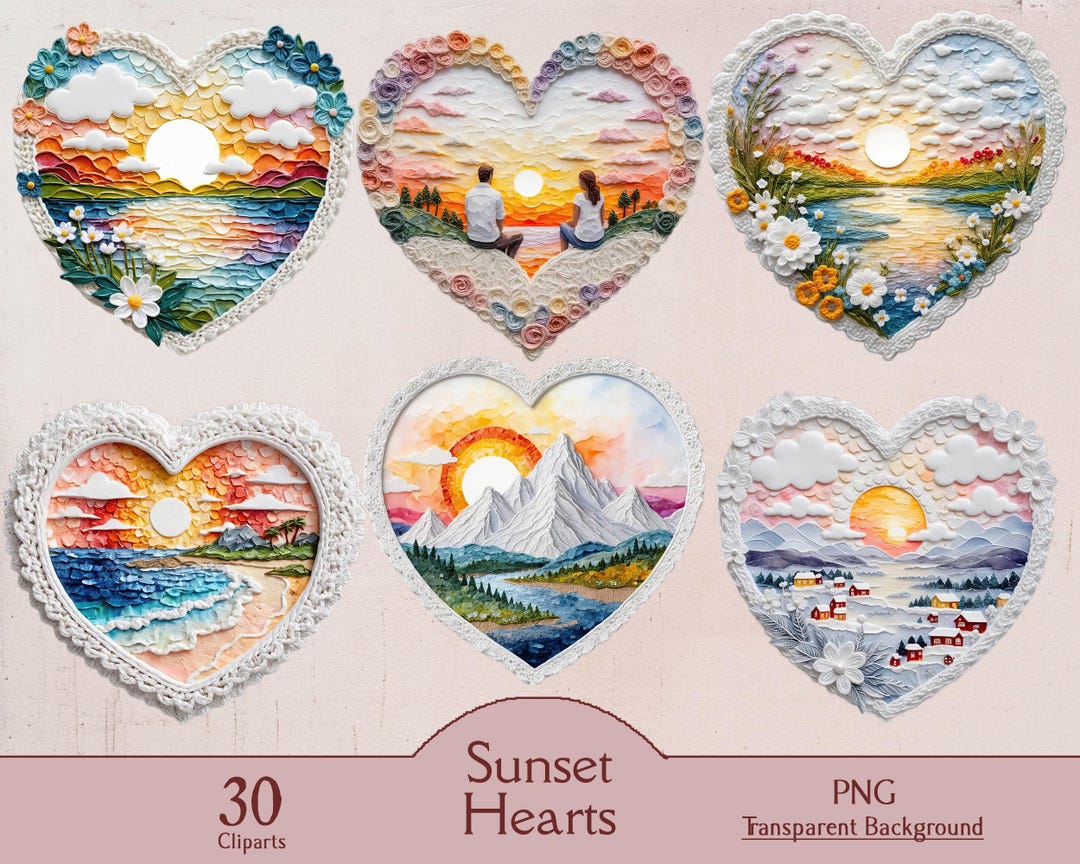 Sunset Hearts, 30 PNG Cliparts, Romantic Lace Hearts, Art Painting ...