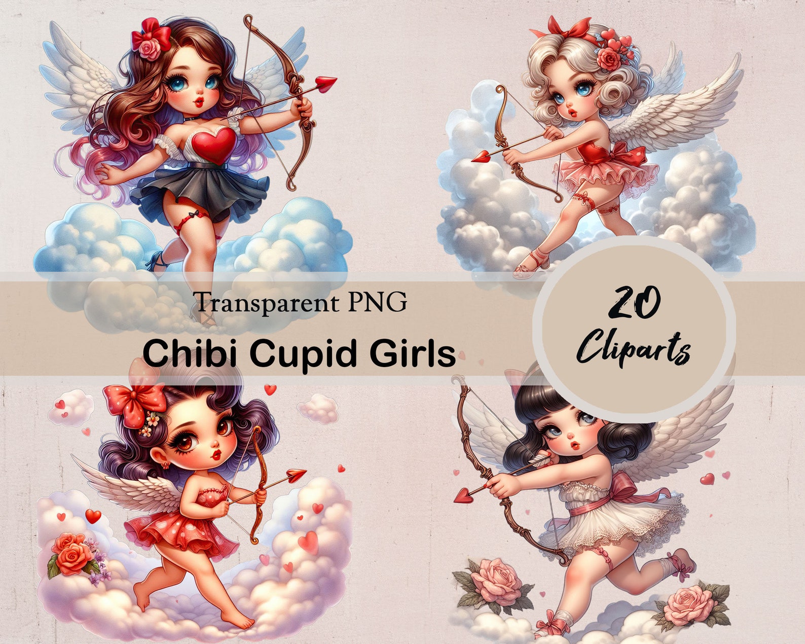 Chibi Cupid Girls, 20 Png Cliparts, Transparent, Valentine's Day, Romantic, Digital, Beautiful ...