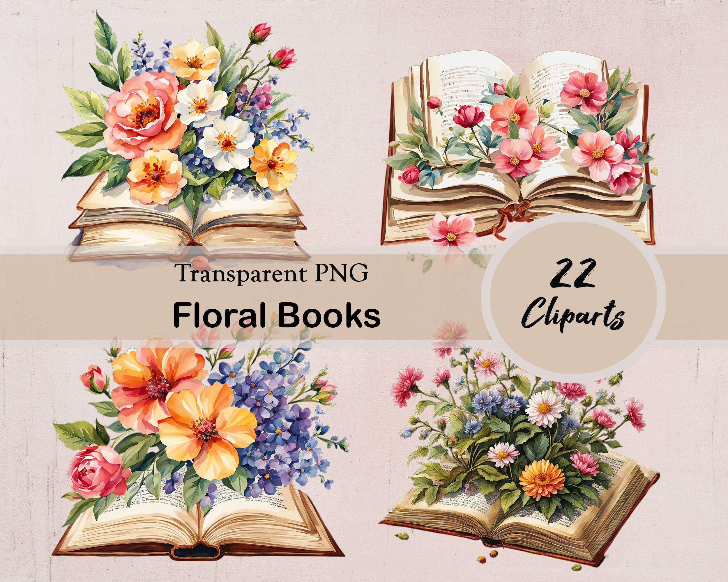 Floral Books, 22 PNG Cliparts, Spring Books, Digital, Download, Flower ...