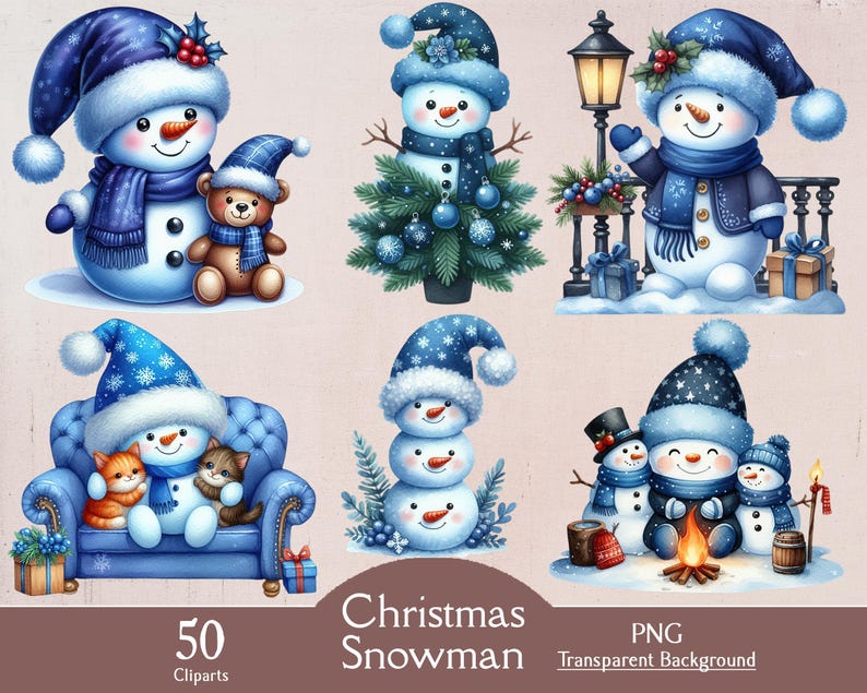 Christmas Snowman, 50 PNG Clipart, Blue Snowman, Winter Snowman ...