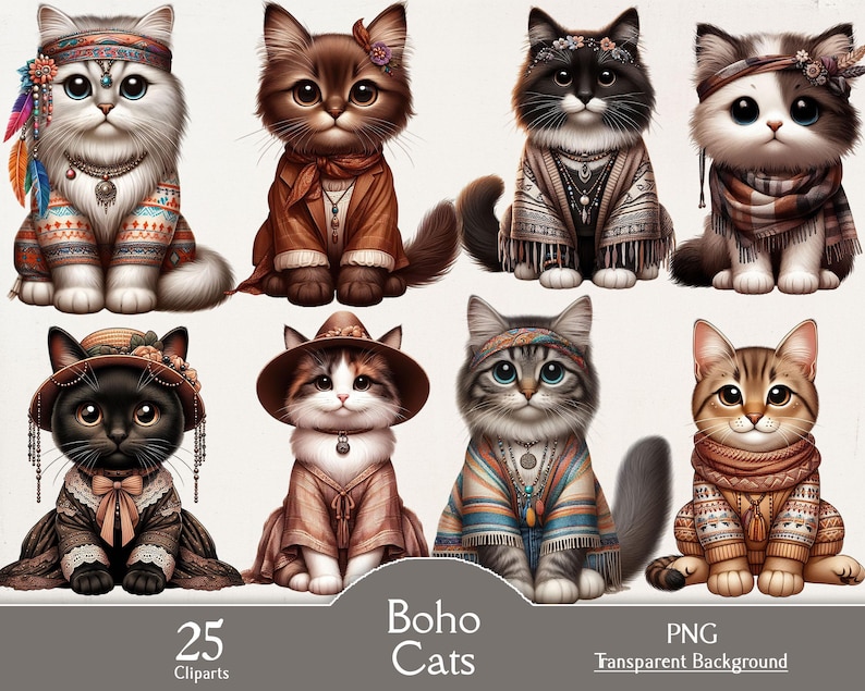 Boho Cat Clipart, 25 PNG Cliparts, Colorful Bohemian Cat Illustration ...