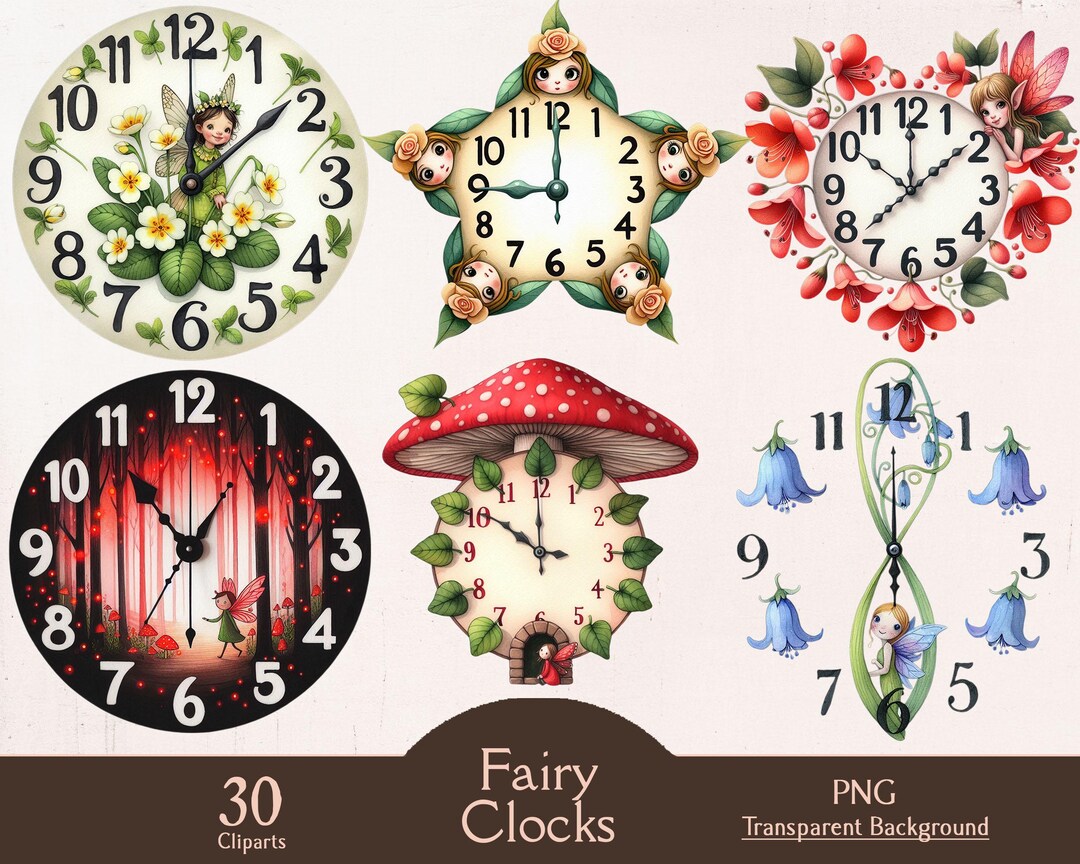 Fairy Clocks, 30 PNG Clipart, Fairy Flower, Fairy Decor, Wall Clocks ...