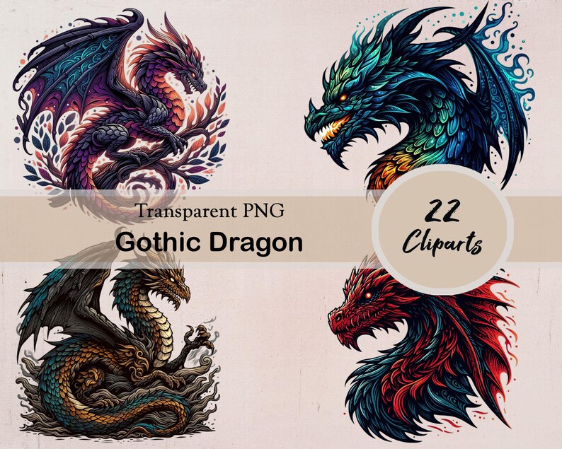 Gothic Dragons, 22 PNG Cliparts, Dark Fantasy, Dragon Clipart, Digital ...