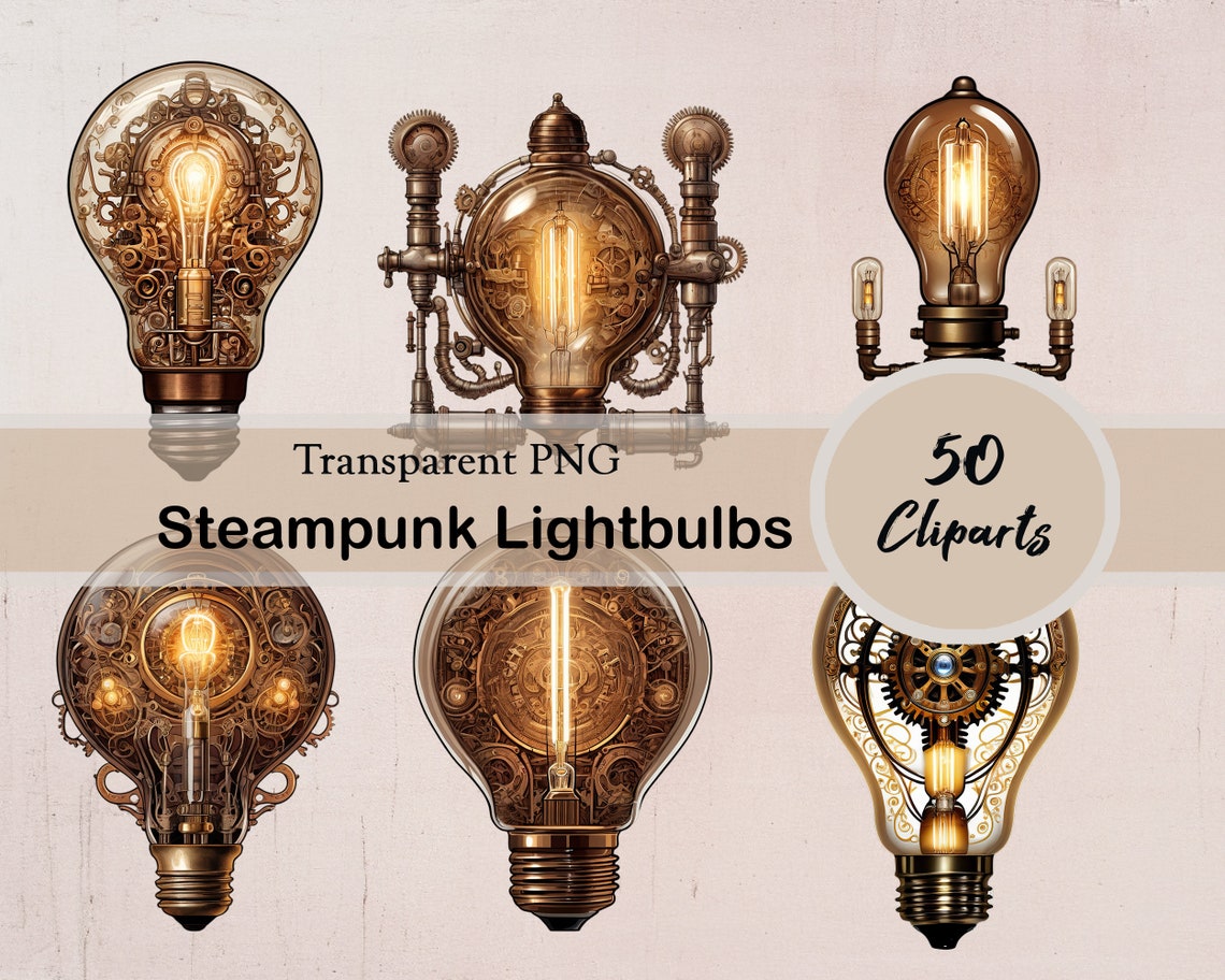 Steampunk Lightbulbs, 50 PNG Cliparts, Steampunk Style, Bulb Clipart ...