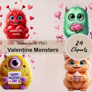 Cute Valentine Monsters, 24 PNG Cliparts, Cartoon Monsters, Watercolor ...