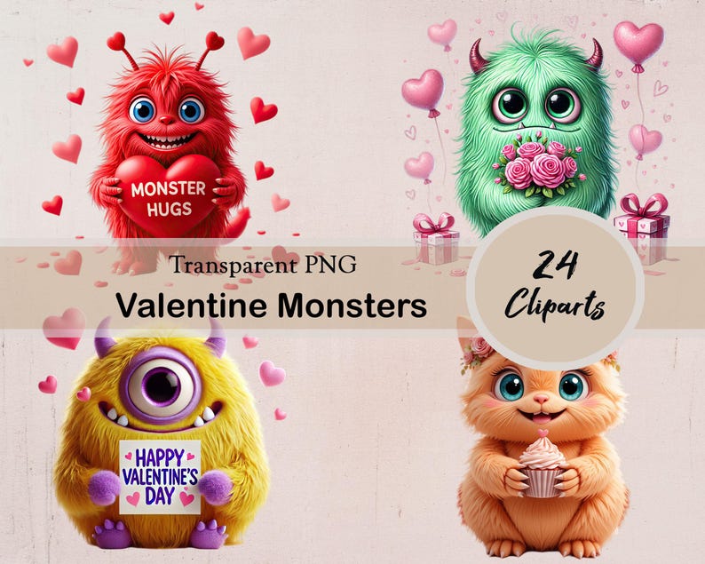 Cute Valentine Monsters, 24 PNG Cliparts, Cartoon Monsters, Watercolor ...