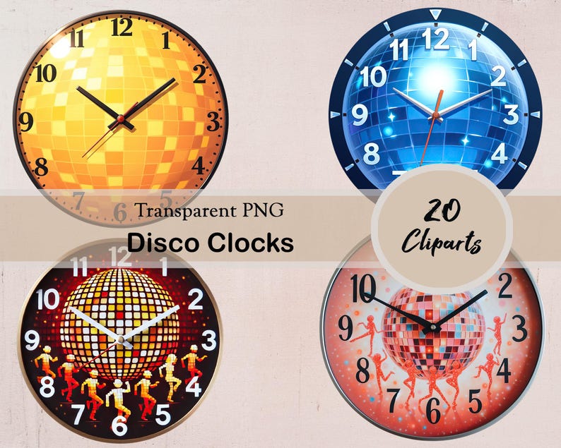 Disco Clocks, 20 PNG Cliparts, Disco Ball, Wall Clock, Mirror Ball ...