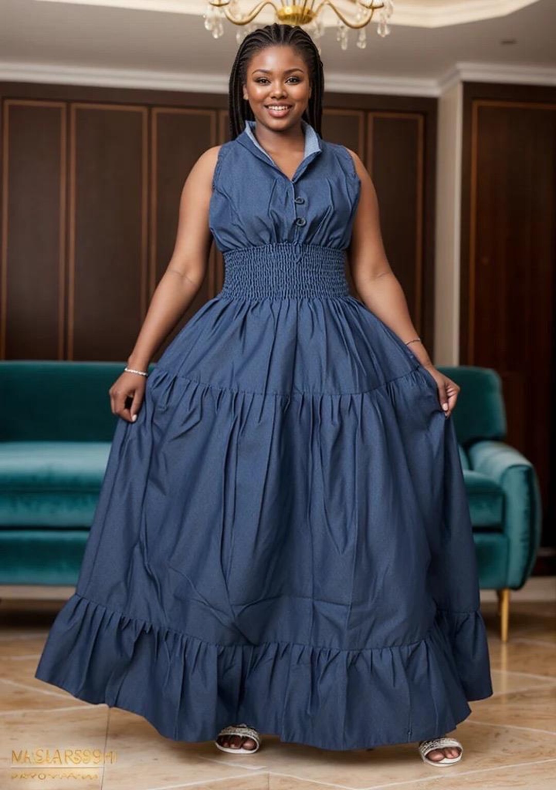 Dark Blue Denim Maxi Dress: Elegant Sleeveless Button-front Outfit ...