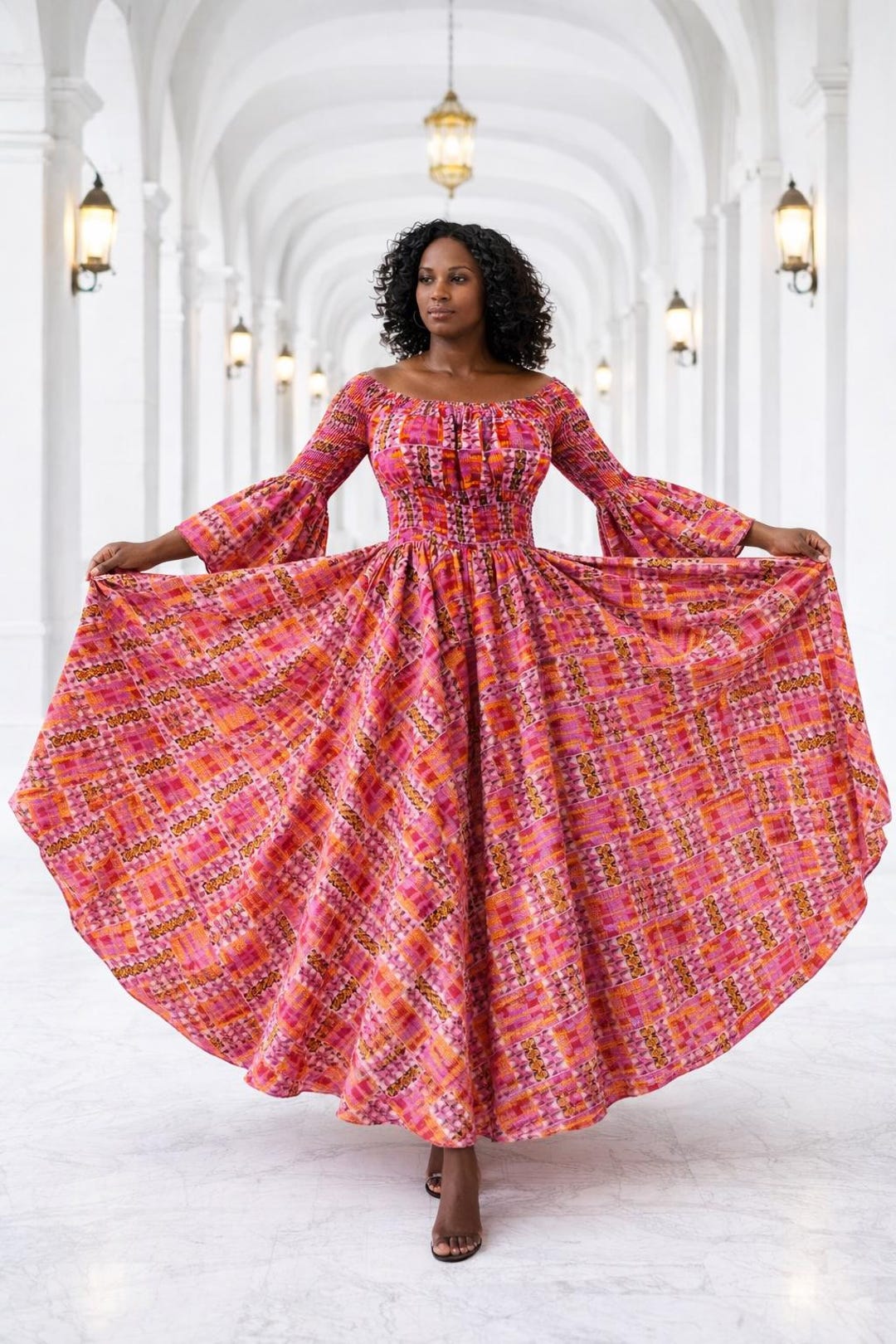 African Pink Kente African Print Maxi Dress,, Pink and White Bell ...
