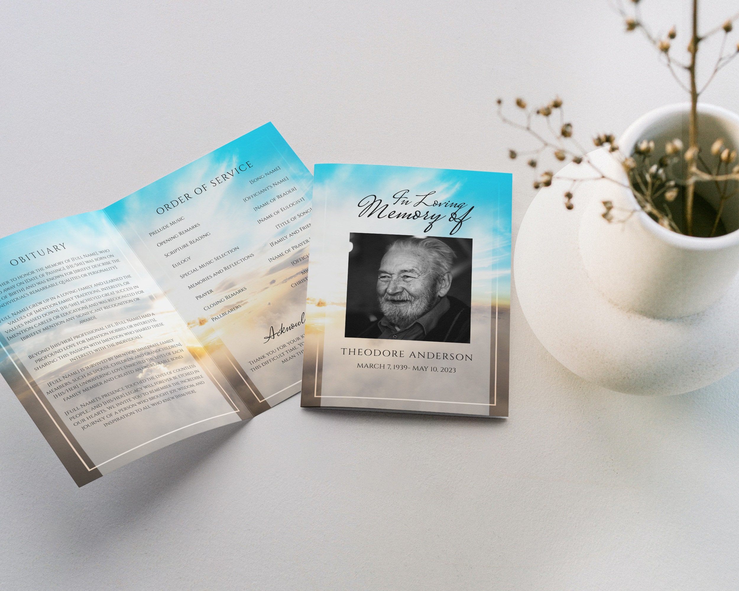 Printable Minimalist Sunset Obituary Template Editable Sky Blue Funeral ...