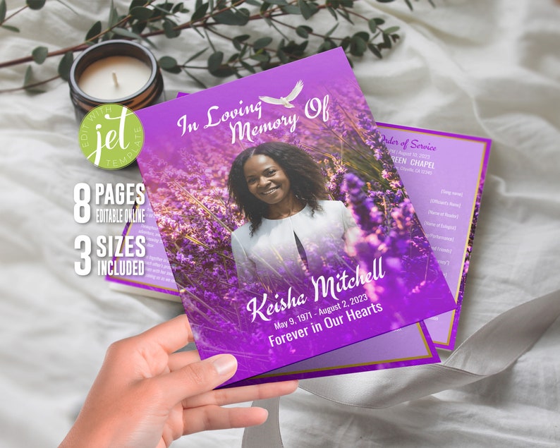 Purple Lavender Funeral Template - Elegant Obituary Program Digital ...