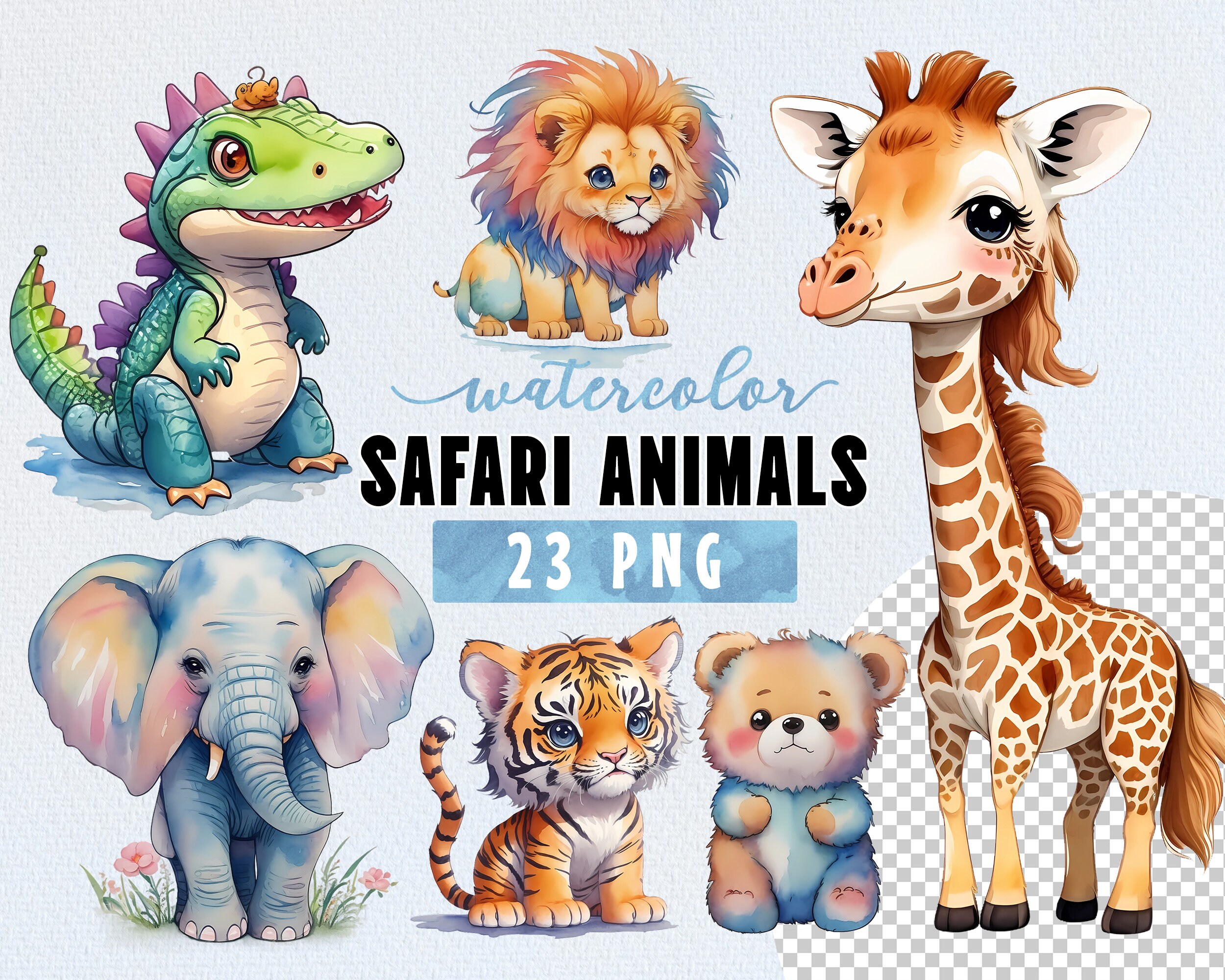 Cute Safari Animals Clipart PNG Bundle Watercolor Whimsical - Etsy