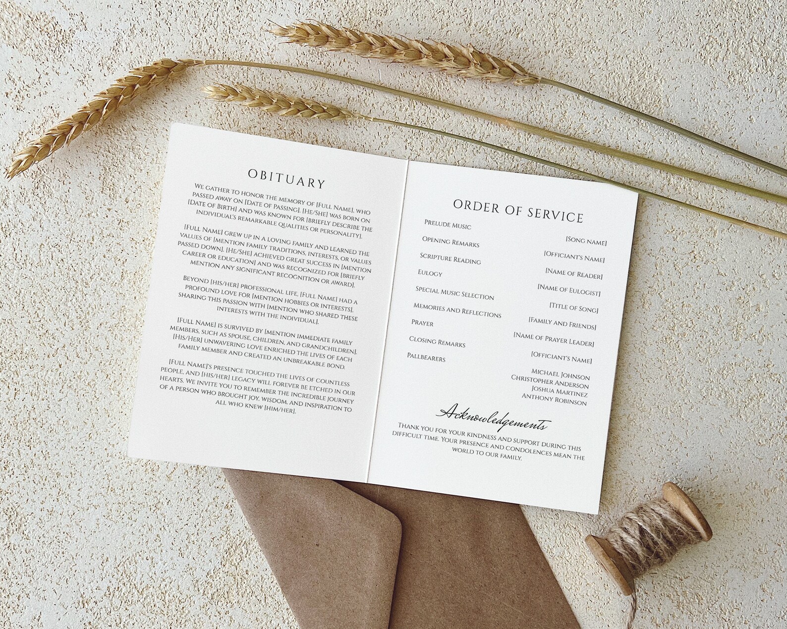 Minimalist Funeral Program Template Elegant Memorial Service Editable ...